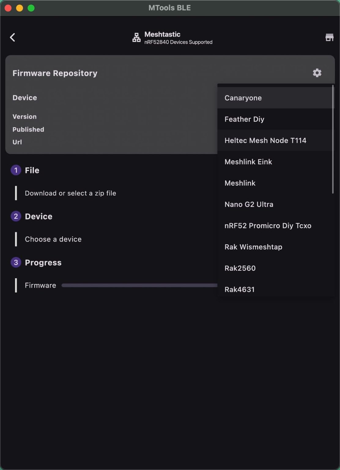 nRF52840 Meshtastic DFU with MTools BLE - MTools Tec