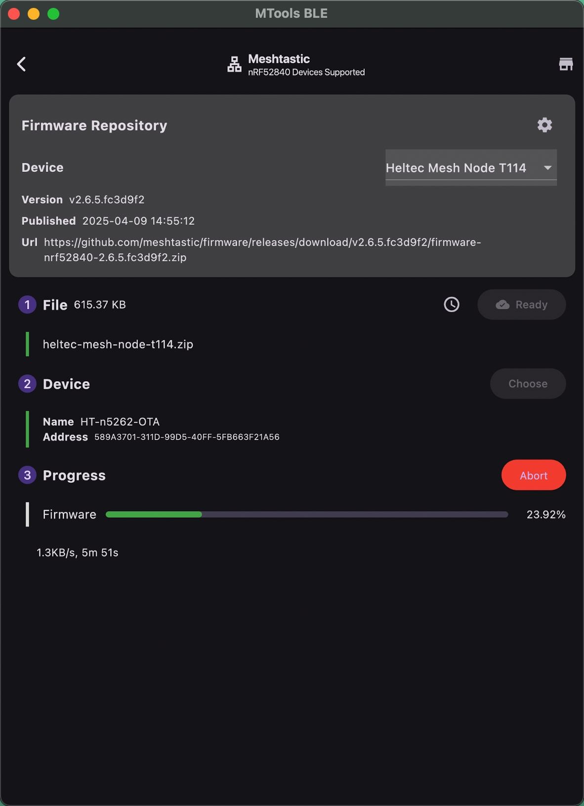 nRF52840 Meshtastic DFU with MTools BLE - MTools Tec